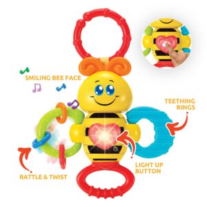 KiddoLab Twist & Rattle Musical Bee Light-Up Toy and Teething Ring for Toddlers - Sensory Chew and Fine Motor Skills Toy for Newborn - Baby Rattle and Teething Toys for 3+ Months Babies