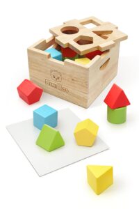 bimi boo wooden shape sorter toy for babies - classic montessori shape sorter with noise-reducing silicone pad - perfect sorting toy for toddlers (8 various blocks, 1 box, 1 silicone pad)