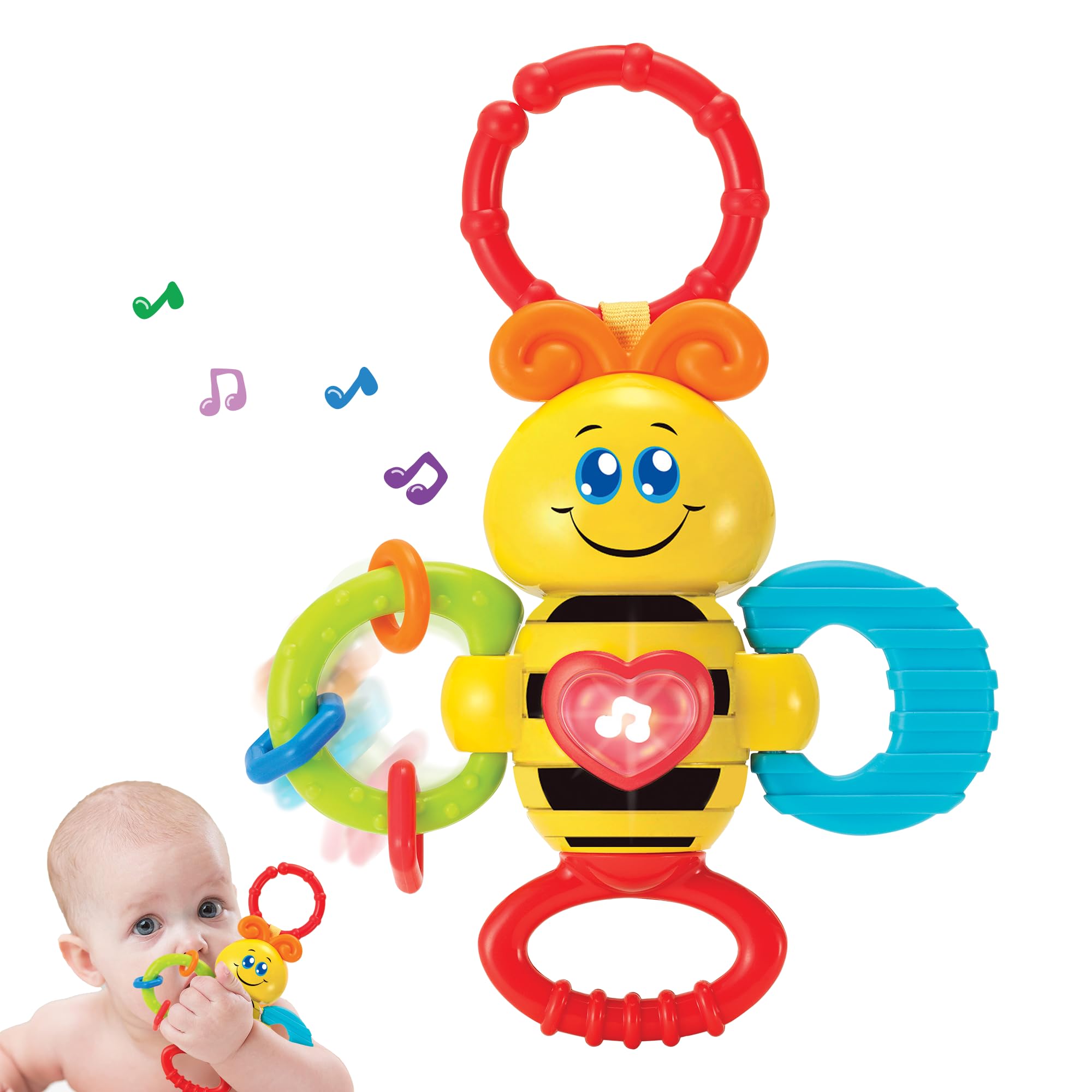 KiddoLab Twist & Rattle Musical Bee Light-Up Toy and Teething Ring for Toddlers - Sensory Chew and Fine Motor Skills Toy for Newborn - Baby Rattle and Teething Toys for 3+ Months Babies