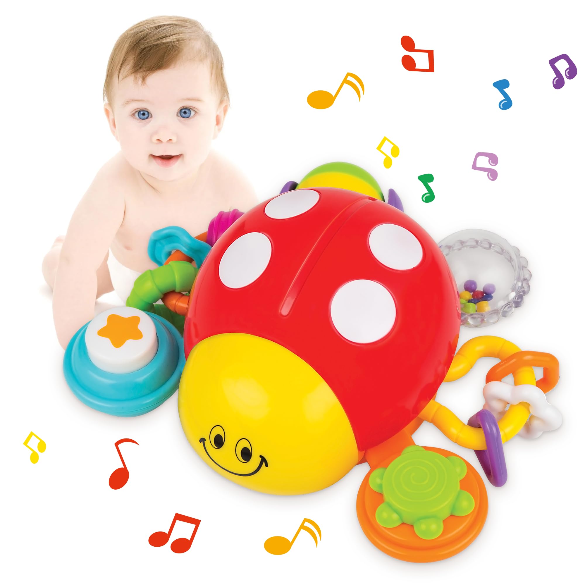 KiddoLab Ladybug Crawling Toy with Fun Sounds, Sliding Rings, Spinning Ball, and Colorful Beads - Develops Cognitive and Motor Skills for 6 Months Plus Babies