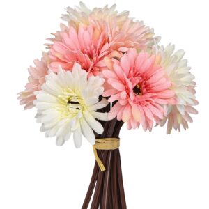 bigotters fake daisy fake flowers, 14pcs faux gerbera daisies african silk daisy flowers artificial for wedding bridal bouquet party home kitchen decor(pink and white)