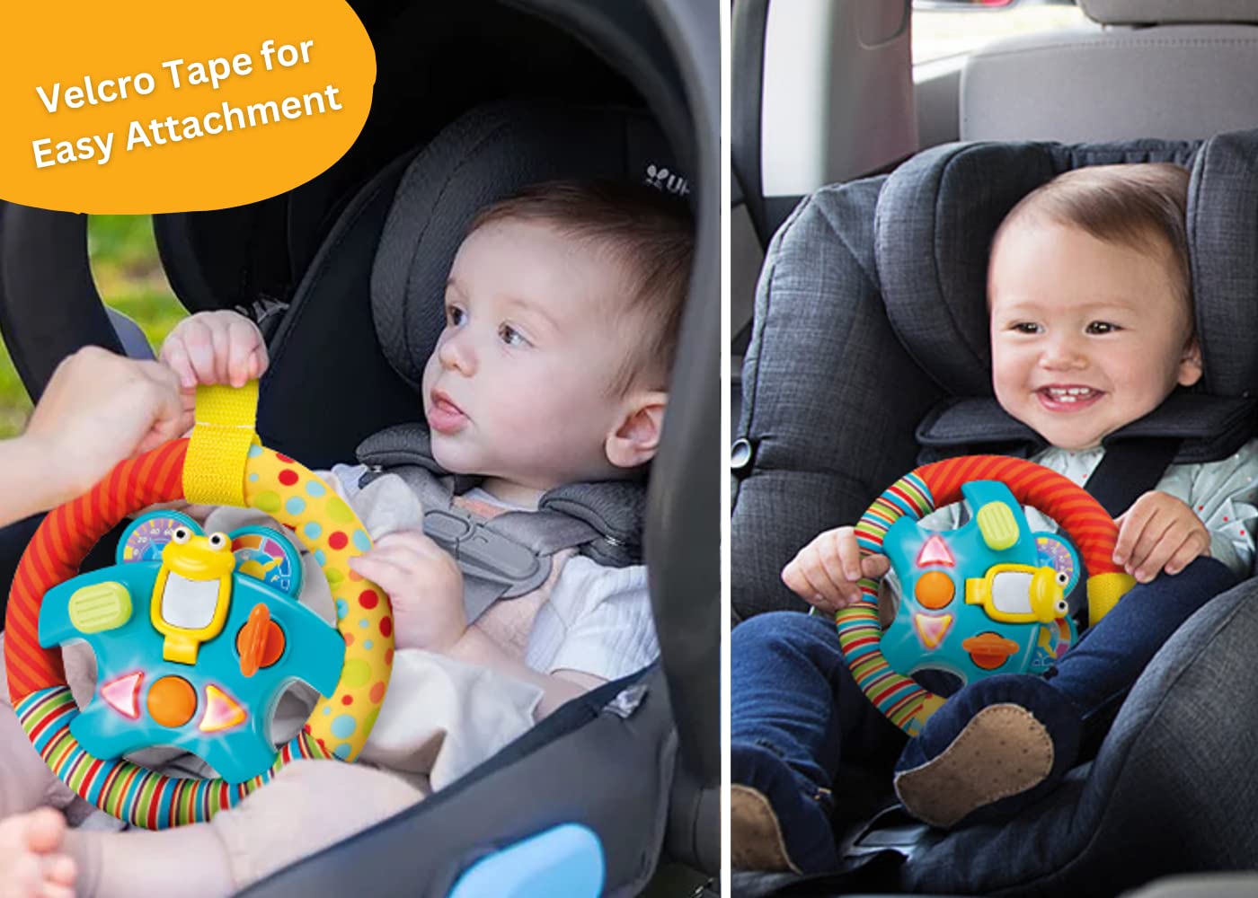 KiddoLab Steering Wheel Toy with Music,Lights,Sounds & Flip Up Mirror - Crib & Stroller Toys with Soft Fabric and Velcro Tap for Easy Attachment. Car Seat Toys for Babies and Toddlers. Ages 3 Months+