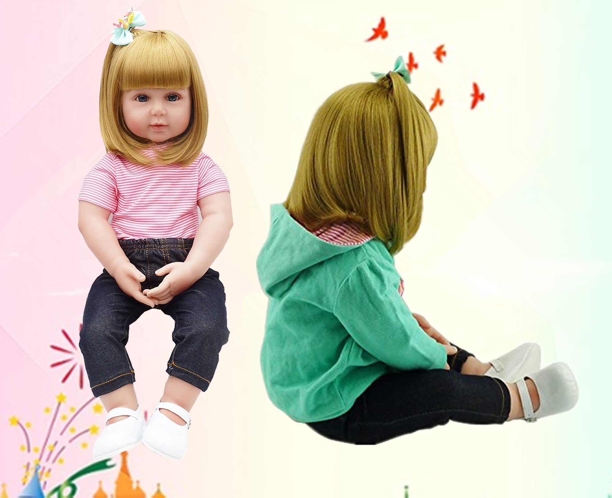 Pedolltree Lovely Handmade Soft Silicone Reborn Toddler Girl Dolls Golden Hair 24 Inch 60cm Realistic Looking Newborn Vinyl Dolls Toddler Toy for Kid Xmas Gift