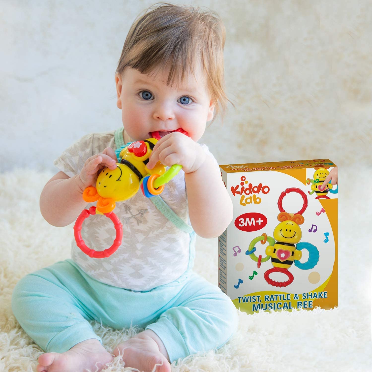 KiddoLab Twist & Rattle Musical Bee Light-Up Toy and Teething Ring for Toddlers - Sensory Chew and Fine Motor Skills Toy for Newborn - Baby Rattle and Teething Toys for 3+ Months Babies