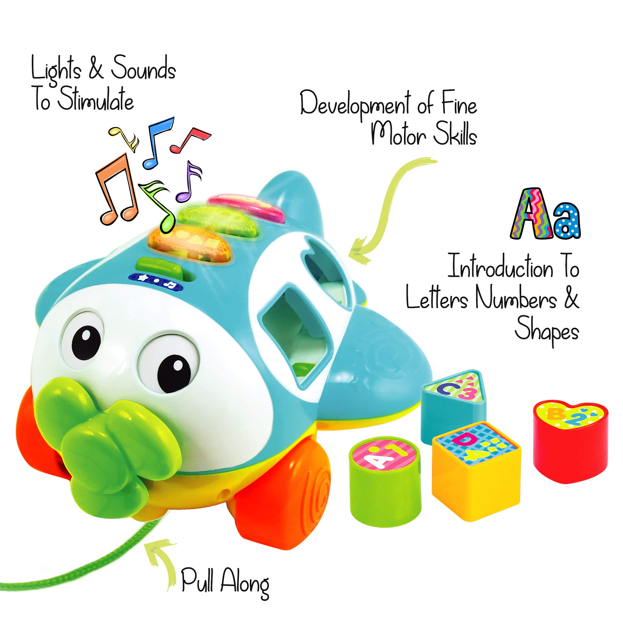 Musical Shape Sorter Plane, Pull-Along Toy - Talking and Singing Airplane Toy with Music for Toddlers and Kids, Ages 12 Months+