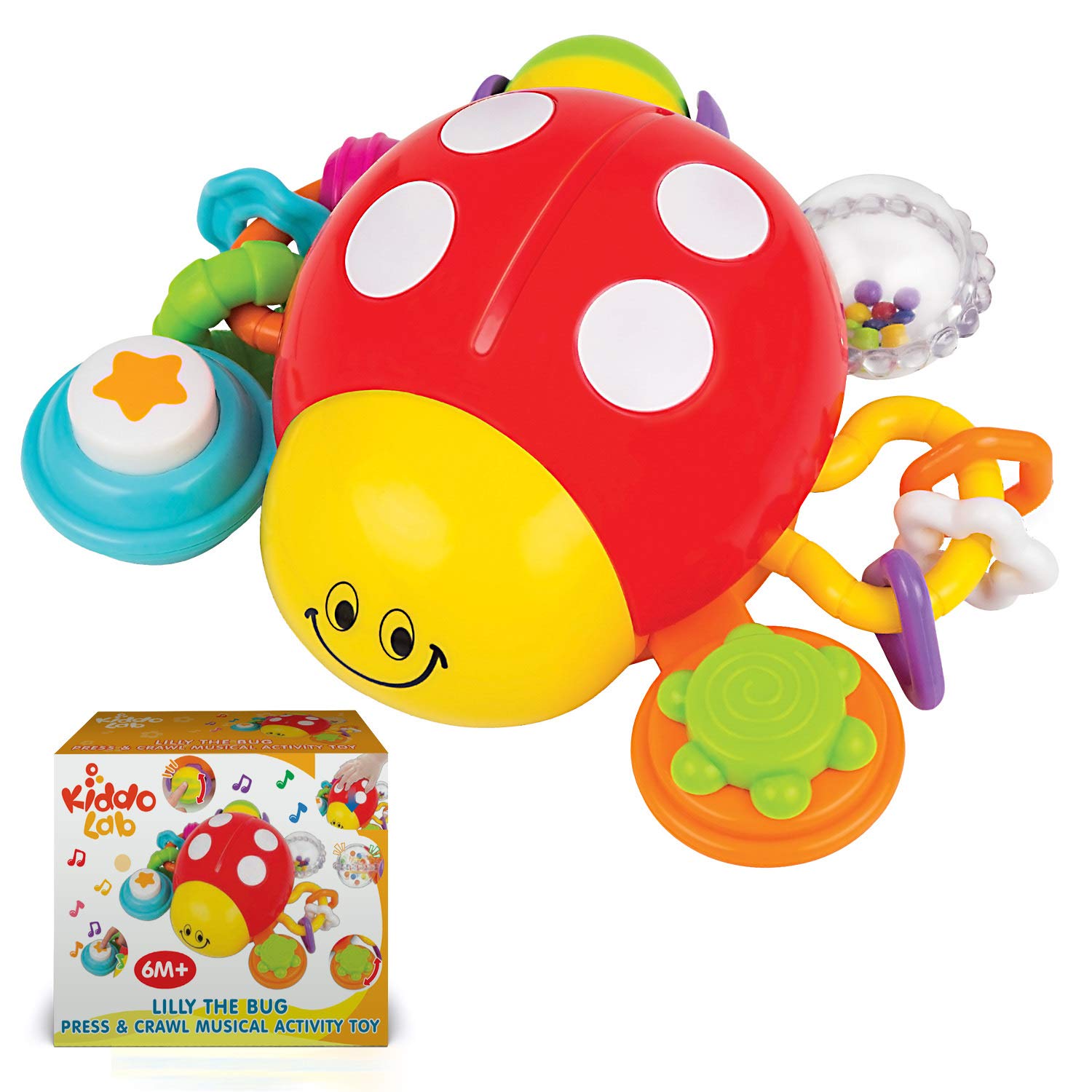 KiddoLab Ladybug Crawling Toy with Fun Sounds, Sliding Rings, Spinning Ball, and Colorful Beads - Develops Cognitive and Motor Skills for 6 Months Plus Babies