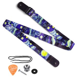 van gogh"starry night" ukulele strap & leather ends shoulder strap for soprano concert tenor and baritone ukulele (uke-starry night)