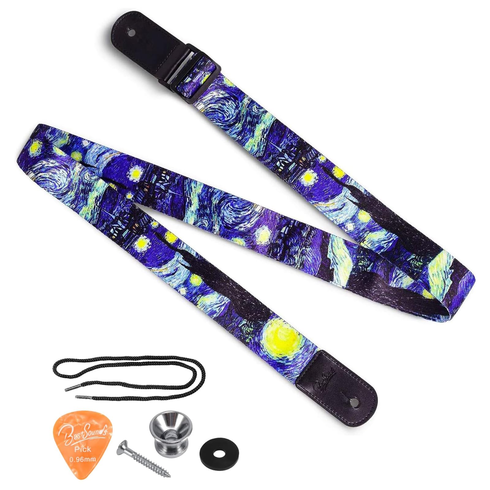 Van Gogh"Starry Night" Ukulele Strap & Leather Ends Shoulder Strap for Soprano Concert Tenor and Baritone Ukulele (Uke-Starry Night)