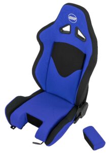 openwheeler simfab flight simulator seat with seat base cut out for fighter stick or helicopter collective, blue