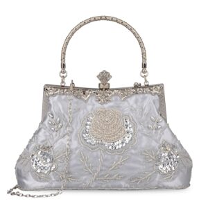 kisschic women's handbag vintage rose embroidered beaded sequin evening bag wedding party clutch purse (silver)