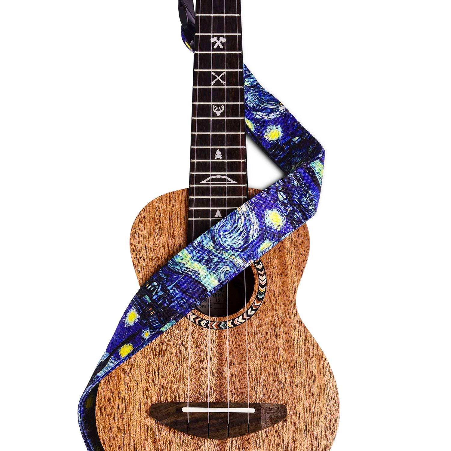 Van Gogh"Starry Night" Ukulele Strap & Leather Ends Shoulder Strap for Soprano Concert Tenor and Baritone Ukulele (Uke-Starry Night)