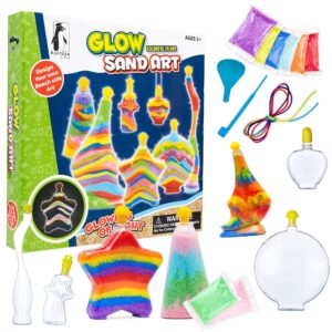 sand art kit for kids, glow in the dark sand art bottles and necklaces, arts and crafts stem toys for boys and girls, 8 art sand colors including 2 glow in the dark, craft gift for boys and girls 3+