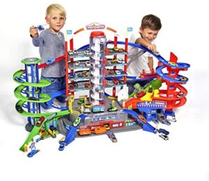 dickie toys: majorette super city garage playset with 6 die-cast cars, parking building play world on seven floors, 6 light and sound effect systems, for ages 3 and up , 128 x 78 x 73 cm