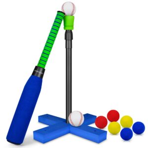 celemoon foam tball set for kids toddlers 3-5, t ball baseball softball bat set adjustable batting tee, 8 colored balls, for boys girls 3-5 5-8 years indoor outdoor sport playing toys, blue