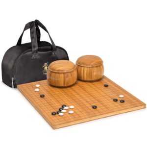 yellow mountain imports bamboo etched reversible 19x19 / 13x13 go game set board (0.8-inch) with double convex melamine stones and bamboo bowls - classic strategy board game (baduk/weiqi)