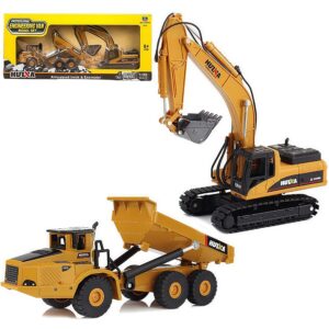 gemini&genius 2pcs construction vehicle toys dump truck and excavator set heavy metal 1/50 scale digger and dumper diecast engineering vehicle toys for kids and decoration house