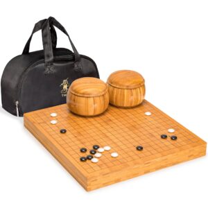 yellow mountain imports bamboo 2-inch reversible 19x19/13x13 go game set board with double convex melamine stones and bamboo bowls - classic strategy board game (baduk/weiqi)