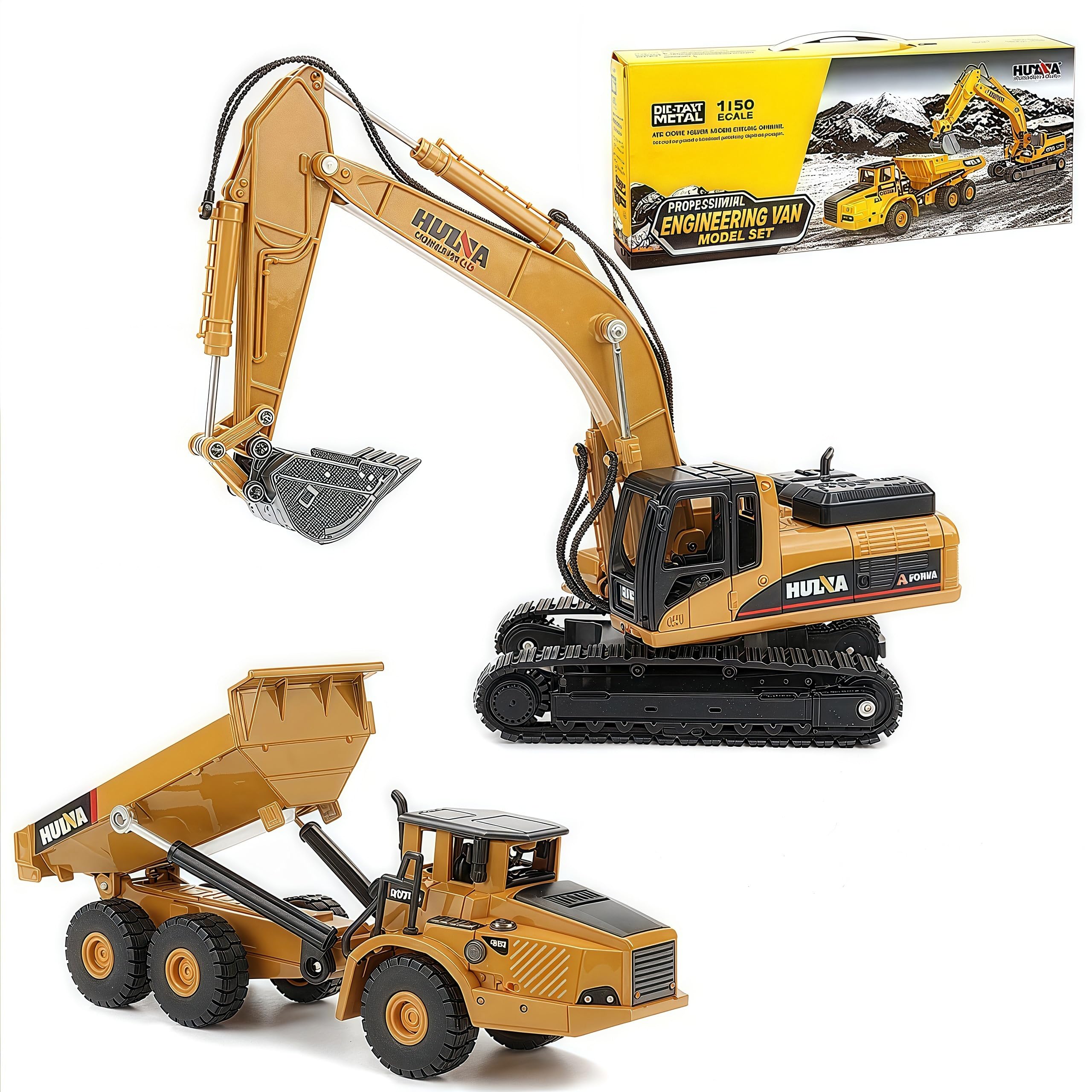 Gemini&Genius 2Pcs Construction Vehicle Toys Dump Truck and Excavator Set Heavy Metal 1/50 Scale Digger and Dumper Diecast Engineering Vehicle Toys for Kids and Decoration House