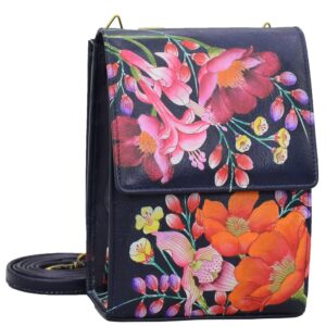 anuschka hand painted women's genuine leather triple compartment crossbody organizer - moonlit meadow