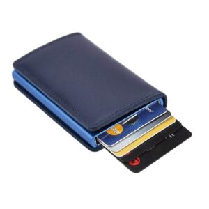 dlife credit card holder rfid blocking wallet slim wallet cowhide leather vintage aluminum business card holder automatic pop-up card case wallet security travel wallet (blue case)