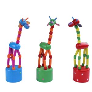 Finger Puppets, Wooden Cute Colorful Cartoon Puppets, Swing Dancing Body collapsing Desktop Toys for Kids Toddlers (3 Giraffes)