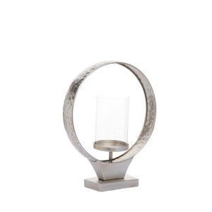 foreside home & garden small hammered metal round ring pillar candle holder, silver