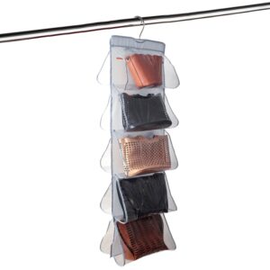 szxc closet hanging organizer for small to medium handbag purse - 50 x 14 inch, dual-sided 10 clear see-through pockets, wardrobe storage organizer for shoes boot towel clothes scarf