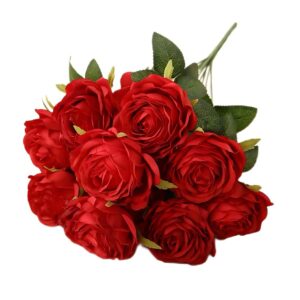 jasion artificial roses 10 heads faux flower arrangement silk bouquet for home office parties and wedding decoration (red)