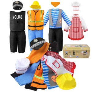 jeowoqao boy's dress up costumes set, role play set 11-pcs trunk pirate, chef, construction worker, policeman costume fit kids girls age from 3-6