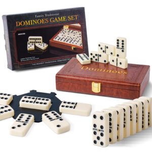 zoocen double 6 dominoes set in leatherette case (28 tiles with spinner), ivory