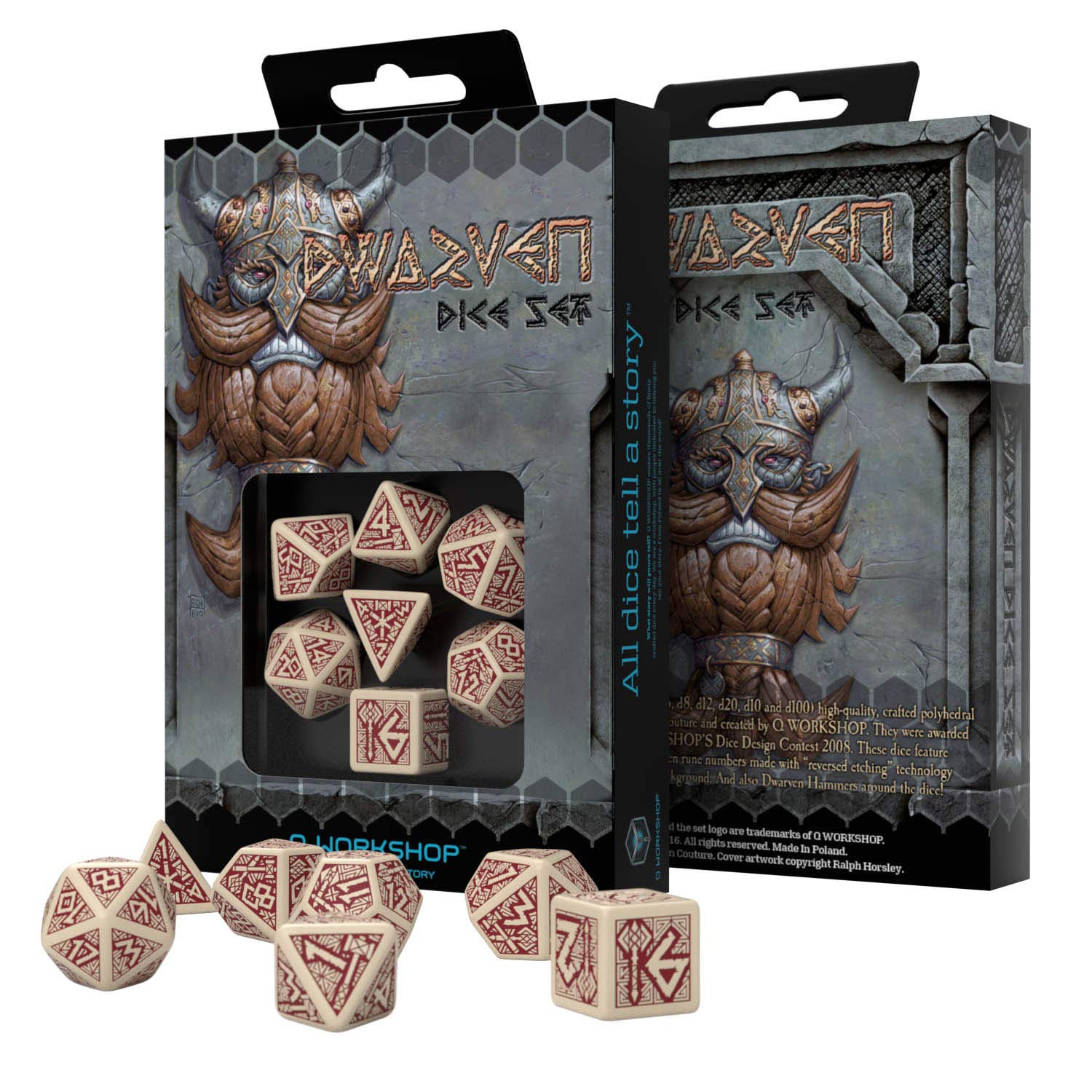 Q-Workshop Dwarven Beige & Burgundy RPG Ornamented Dice Set 7 Polyhedral Pieces