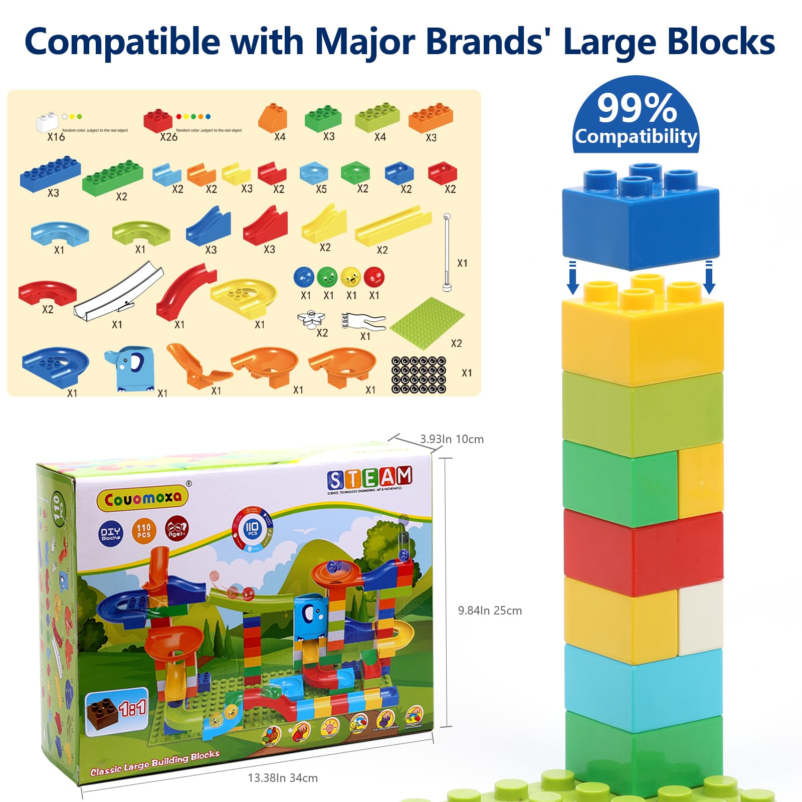 COUOMOXA Marble Run Building Blocks: Compatible Classic Large Blocks Maze Track Sets - Big Blocks Educational STEM for Toddlers - Birthday Toys Gifts for 2 3 4 5 6 7 8 Year Old Boys & Girls