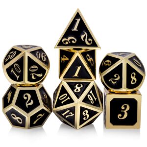 dndnd metal dice set d&d, 7 die metal polyhedral dice set with gift metal box and gold number for dnd dungeons and dragons role playing games (black and gold)