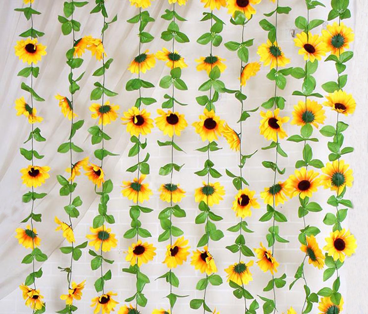 Sunrisee 2Pcs Artificial Sunflower Garland Silk Fake Flower Vines Artificial Flowers for Hotel Wedding Home Garden Decor, 7.7FT