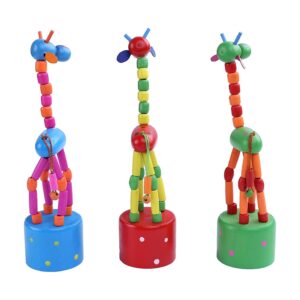 Finger Puppets, Wooden Cute Colorful Cartoon Puppets, Swing Dancing Body collapsing Desktop Toys for Kids Toddlers (3 Giraffes)