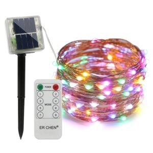 erchen remote control solar powered led string lights, 33ft 100 leds copper wire waterproof 8 modes decorative fairy lights for outdoor christmas garden patio yard (multicolor)