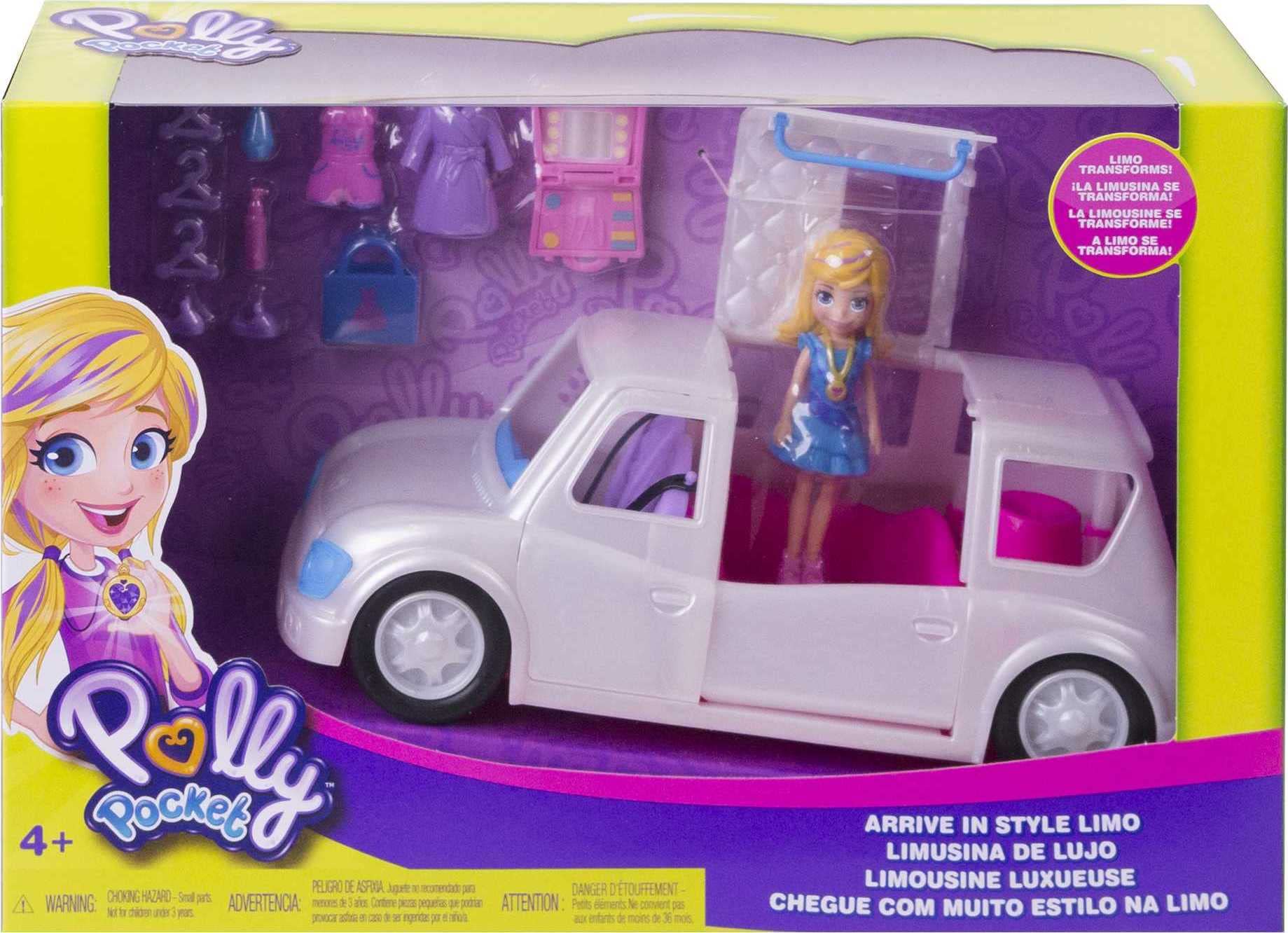 Polly Pocket Vehicle Toy with 3-inch Doll & 14 Fashion Accessories, Arrive In Style Limo Playset