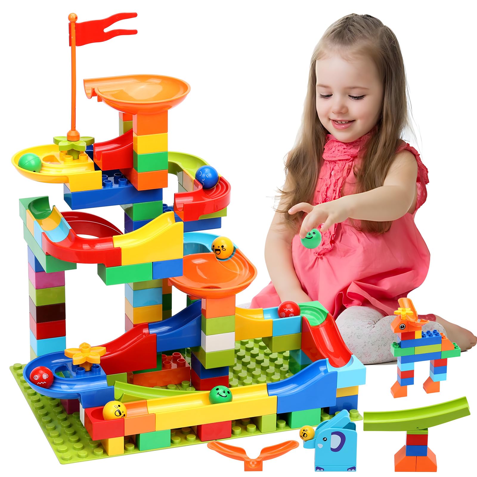 COUOMOXA Marble Run Building Blocks: Compatible Classic Large Blocks Maze Track Sets - Big Blocks Educational STEM for Toddlers - Birthday Toys Gifts for 2 3 4 5 6 7 8 Year Old Boys & Girls