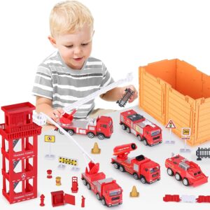 iPlay, iLearn Fire Trucks Toy for Boys 3-5, Kids Fire Engine Station Playset, Toddler Emergency Vehicles Learning, Realistic Firefighter Site Ladder Truck, Birthday Gifts for 4 6 7 8 Years Old