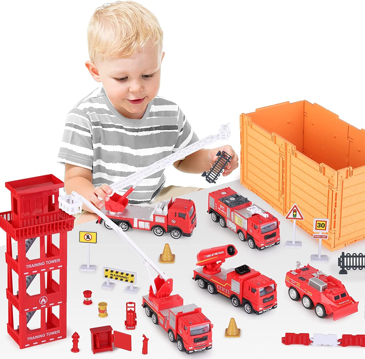 iPlay, iLearn Fire Trucks Toy for Boys 3-5, Kids Fire Engine Station Playset, Toddler Emergency Vehicles Learning, Realistic Firefighter Site Ladder Truck, Birthday Gifts for 4 6 7 8 Years Old