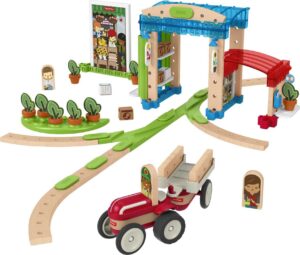 fisher-price wooden building toy wonder makers design system build around town starter kit, 75 wood piece playset for preschool kids ages 3+ years