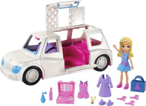 polly pocket vehicle toy with 3-inch doll & 14 fashion accessories, arrive in style limo playset