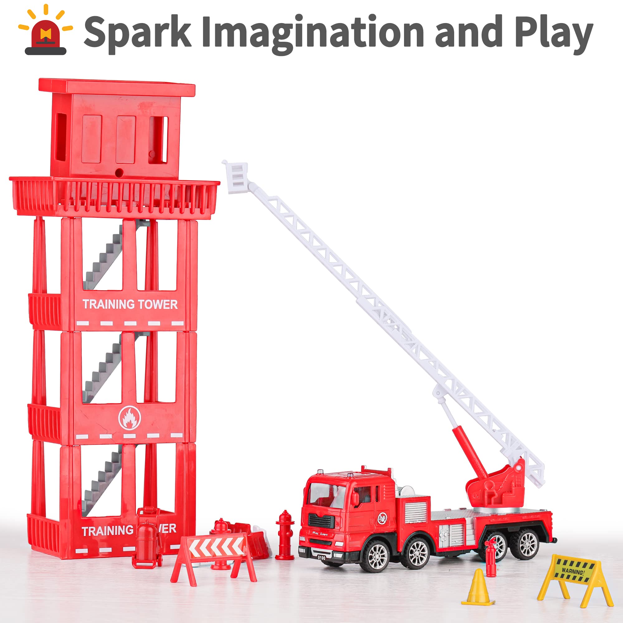 iPlay, iLearn Fire Trucks Toy for Boys 3-5, Kids Fire Engine Station Playset, Toddler Emergency Vehicles Learning, Realistic Firefighter Site Ladder Truck, Birthday Gifts for 4 6 7 8 Years Old