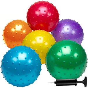 bedwina knobby balls - (pack of 6) bulk 7 inch sensory balls and spiky massage stress balls for toddlers, with pump, fun bouncy toddler balls for kids party favors, stocking stuffers