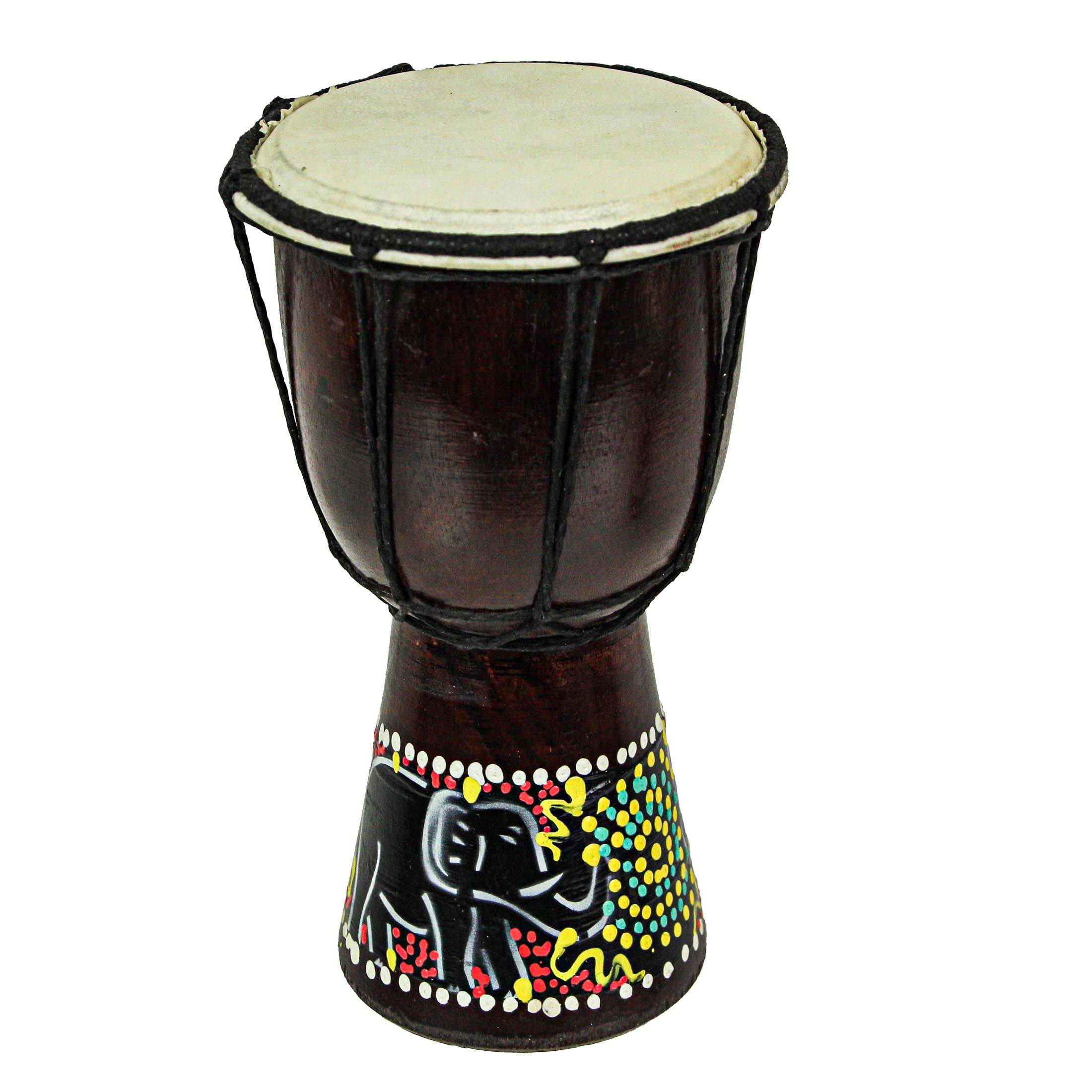 Aboriginal Dot Painted Elephant Djembe Drum 8 Inches Tall 4.5 Inch Diameter