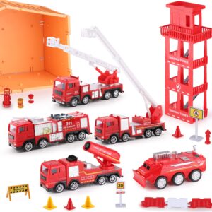 iplay, ilearn fire trucks toy for boys 3-5, kids fire engine station playset, toddler emergency vehicles learning, realistic firefighter site ladder truck, birthday gifts for 4 6 7 8 years old