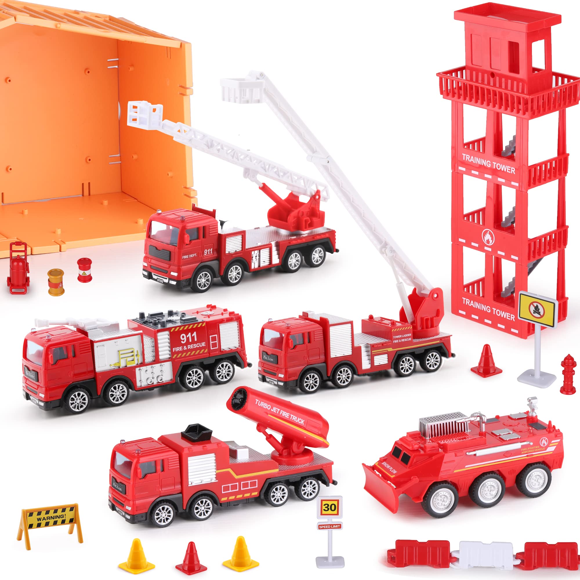 iPlay, iLearn Fire Trucks Toy for Boys 3-5, Kids Fire Engine Station Playset, Toddler Emergency Vehicles Learning, Realistic Firefighter Site Ladder Truck, Birthday Gifts for 4 6 7 8 Years Old