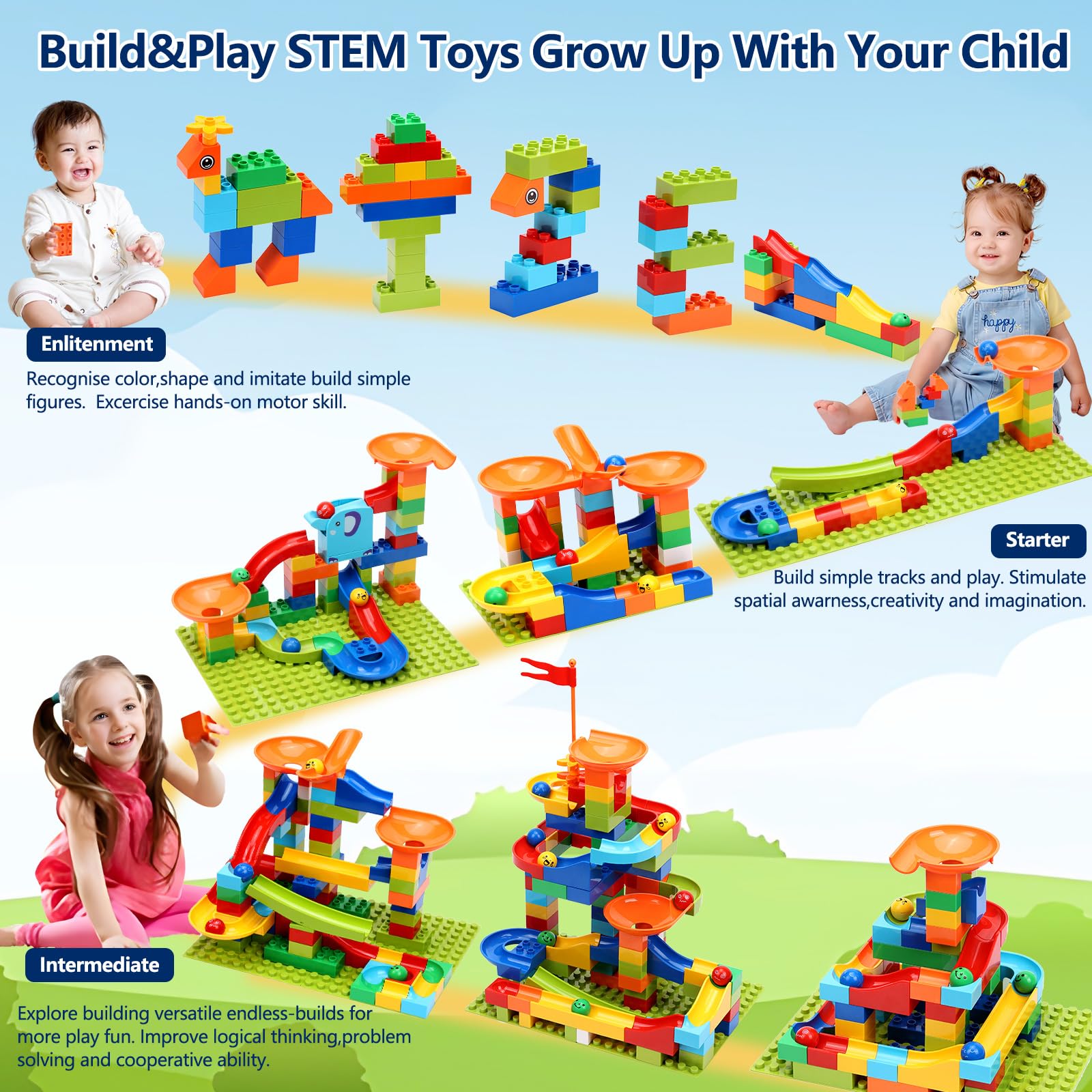 COUOMOXA Marble Run Building Blocks: Compatible Classic Large Blocks Maze Track Sets - Big Blocks Educational STEM for Toddlers - Birthday Toys Gifts for 2 3 4 5 6 7 8 Year Old Boys & Girls