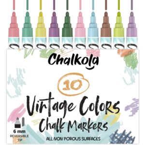 chalkola liquid chalk markers for chalkboard, blackboard, window, bistro, car glass, board, mirror - 10 vintage colors, 6mm reversible tip, wet wipe erasable, non-toxic, mess-free