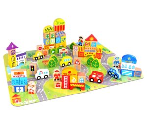 fat brain toys my town block set - jigsaw puzzle & wood block set for preschoolers